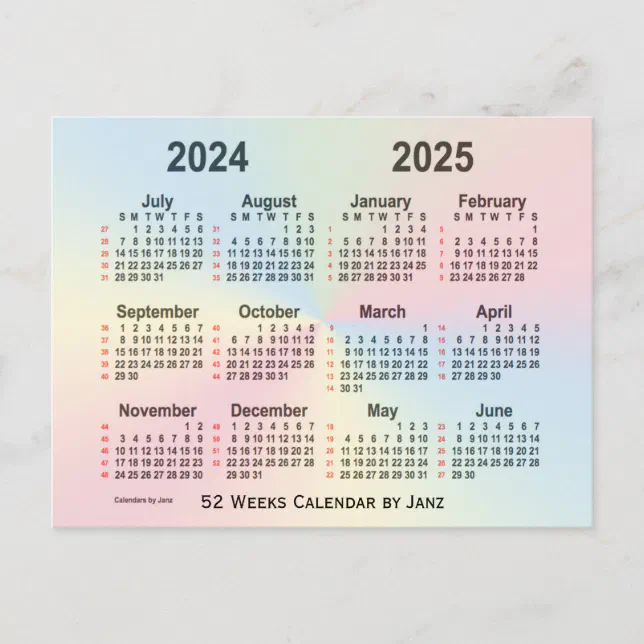 2024-2025 Rainbow 52 Weeks Calendar by Janz Postcard | Zazzle.co.nz