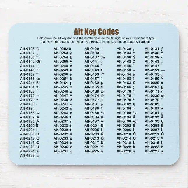 Alt Key Codes Mousepad | Zazzle.co.nz