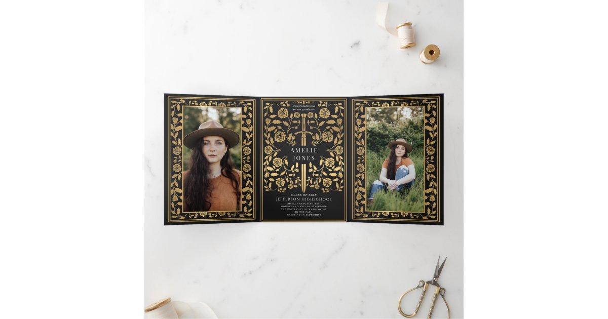 Black Royal Mediaeval Sword Photo Graduation Party Tri-Fold Invitation ...