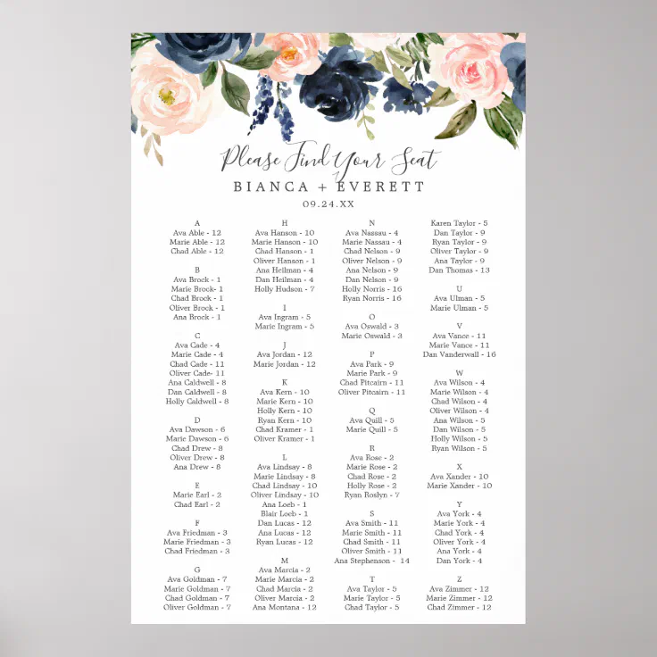 Blush and Navy Flowers Alphabetical Seating Chart | Zazzle.co.nz
