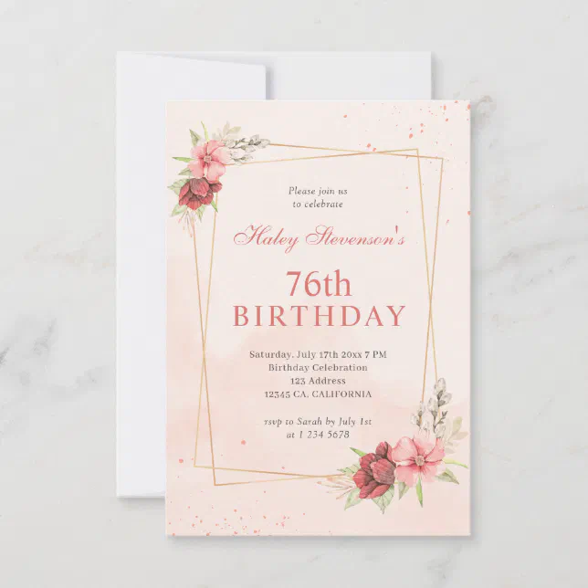 Boho Blush Pink Terracotta Floral 76th Birthday Invitation | Zazzle.co.nz