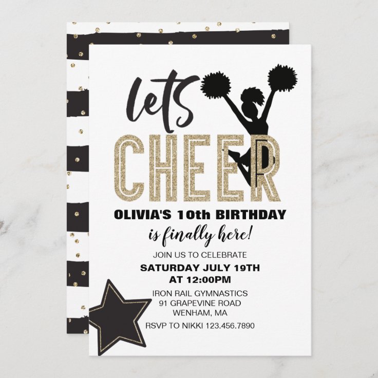 Cheerleading Gold and Black Cheer Birthday Invitation | Zazzle.co.nz