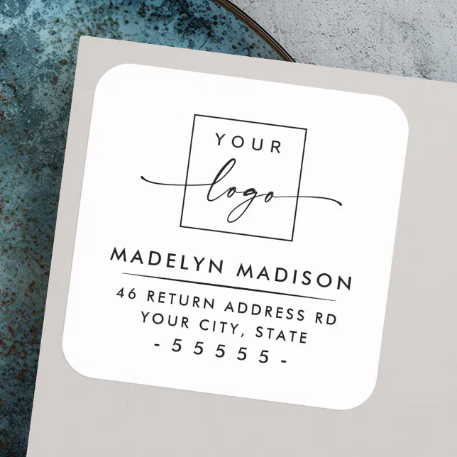 Custom logo modern minimalist white return address square sticker ...