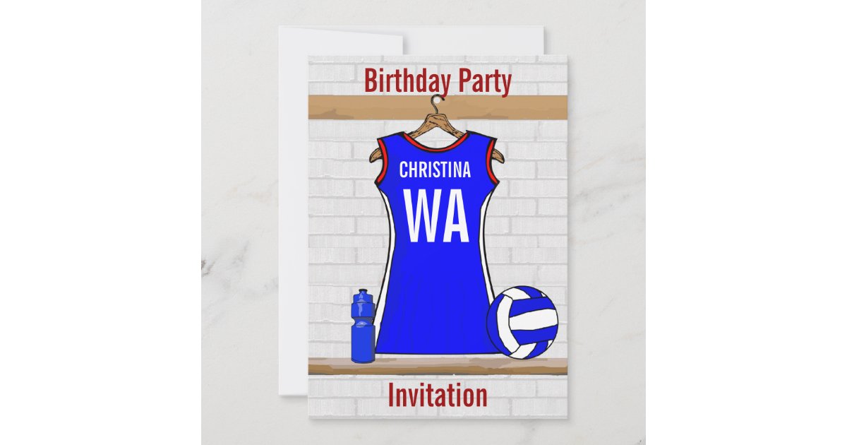 Custom Netball Uniform Blue with red and White Invitation | Zazzle.co.nz