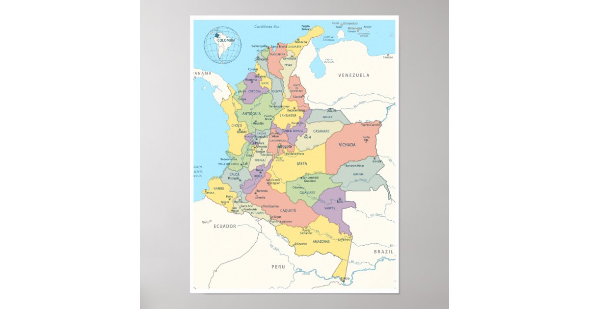 Detailed Map of Colombia Poster | Zazzle.co.nz
