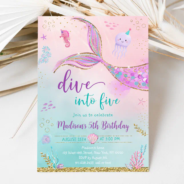 Dive Into Five Mermaid Pink Purple 5th Birthday Invitation | Zazzle.co.nz