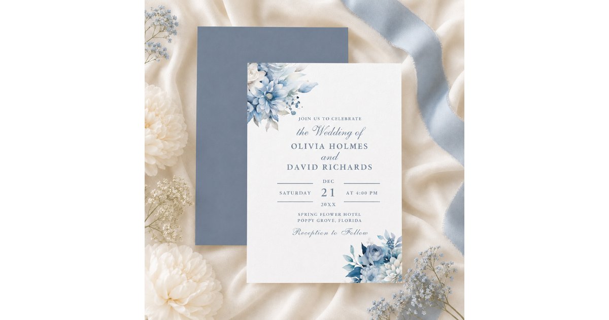 Dusty Blue Wildflower Wedding Invitation Card | Zazzle.co.nz