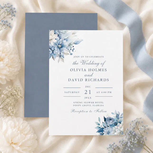 Dusty Blue Wildflower Wedding Invitation Card | Zazzle.co.nz