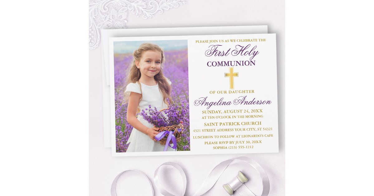 Elegant First Holy Communion Purple Gold Photo Invitation | Zazzle.co.nz
