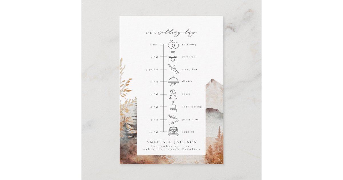 Fall Mountain Wedding Timeline with Icons Enclosure Card | Zazzle.co.nz