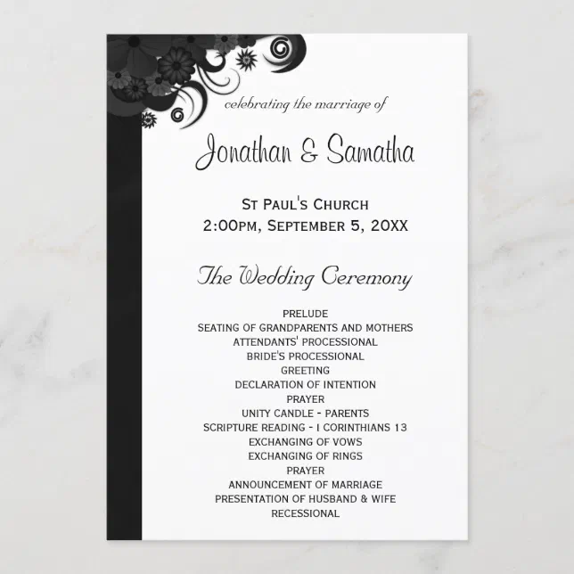 Floral Black and White Gothic Wedding Programs Programme | Zazzle.co.nz