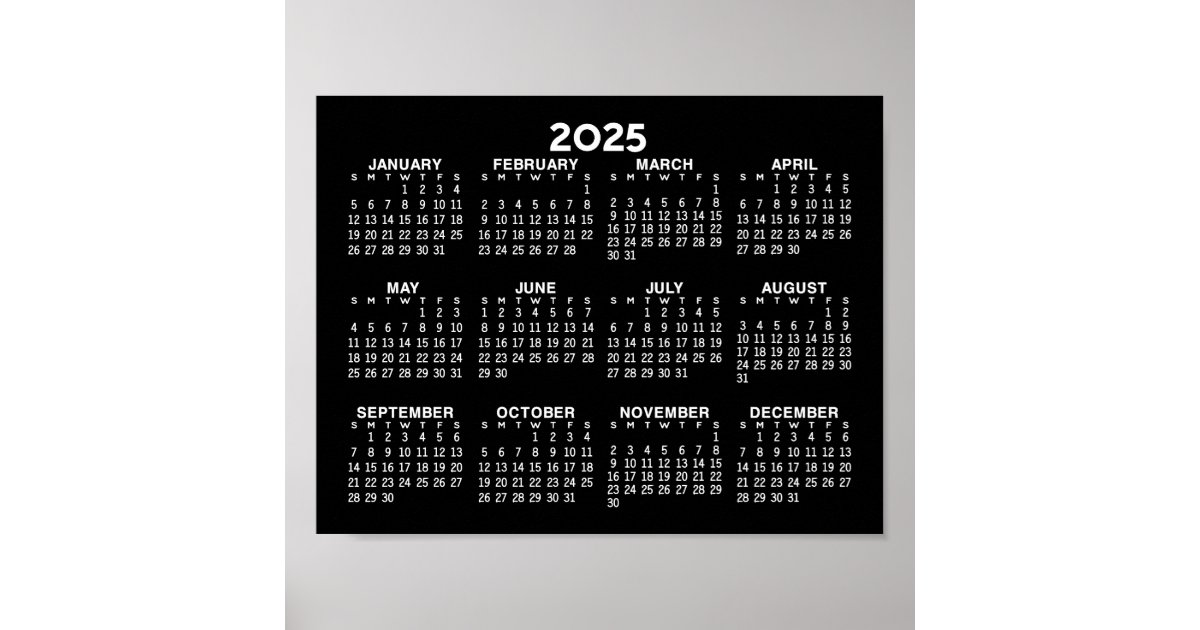 Full Year View Calendar - horizontal - Black Poster | Zazzle.co.nz