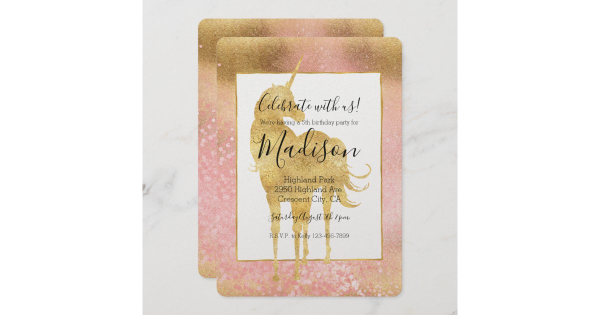 Gold Blush Pink Magical Unicorn Birthday Invitation | Zazzle.co.nz