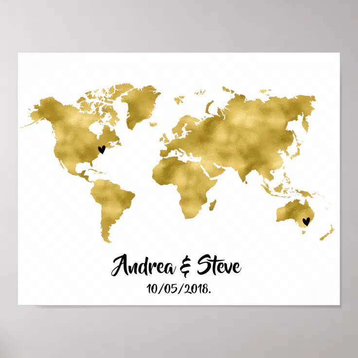 Gold Foil World Map with hearts couples Poster | Zazzle.co.nz