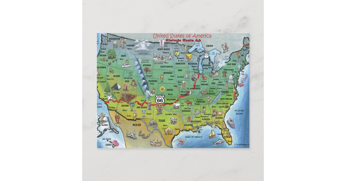 Historic Route 66 Cartoon Map Postcard | Zazzle.co.nz