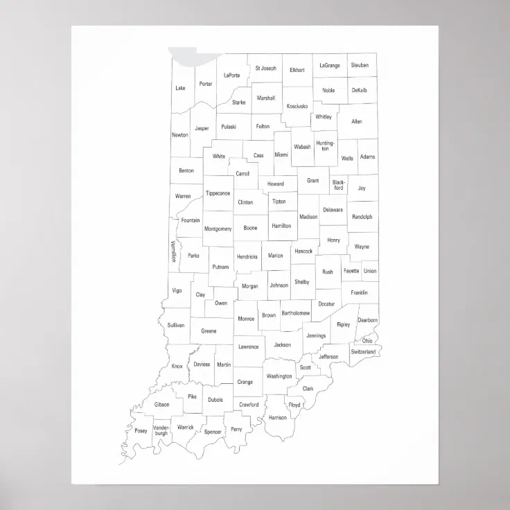 Indiana Counties map with state outline Poster | Zazzle.co.nz