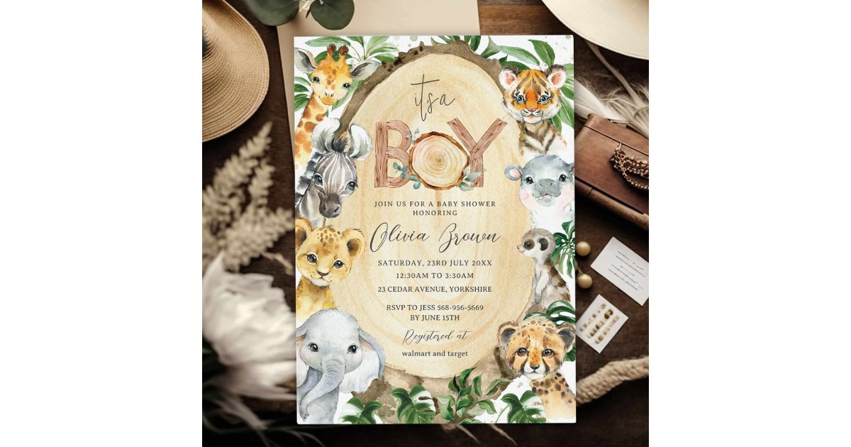 Jungle Animals Safari Greenery Boy Baby Shower Invitation | Zazzle.co.nz