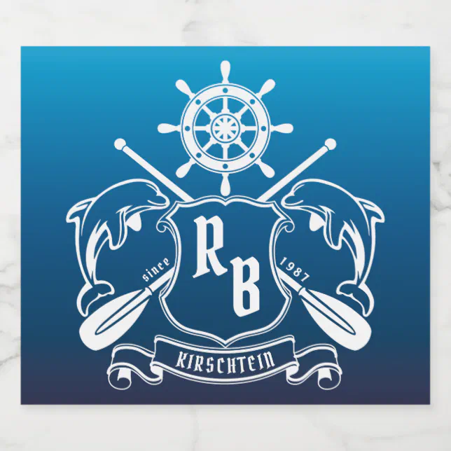 Marine Insignia Dolphins Helm Oars Shield Nautical Beer Bottle Label ...