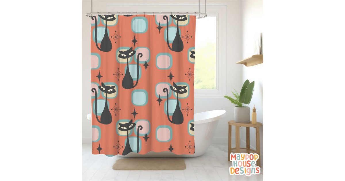 Mid Century Meow Retro Atomic Cats Pink Shower Curtain | Zazzle.co.nz