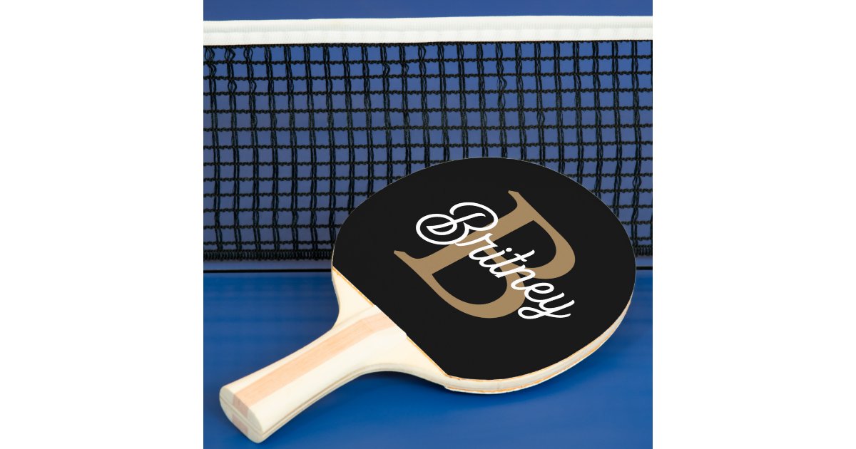 Modern Elegant Monogram Name Black Gold Script Ping Pong Paddle ...