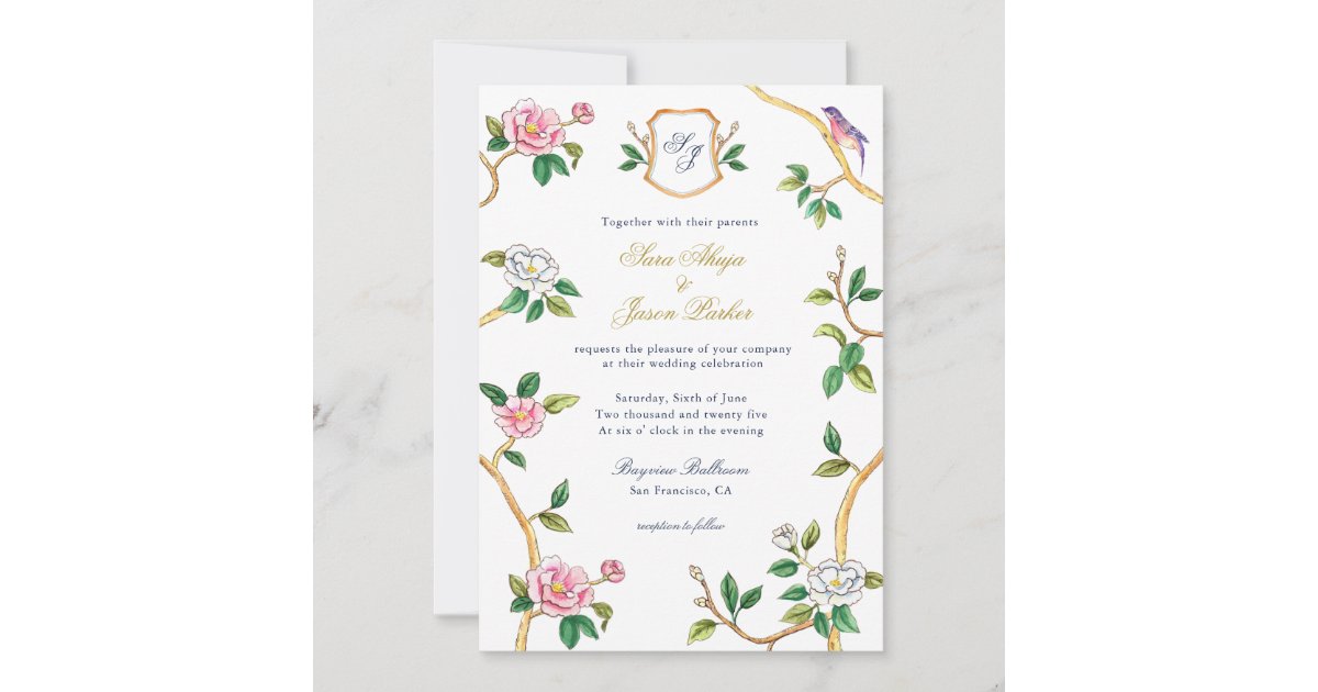 Monogram Chinoiserie Border with Crest Wedding Invitation | Zazzle.co.nz