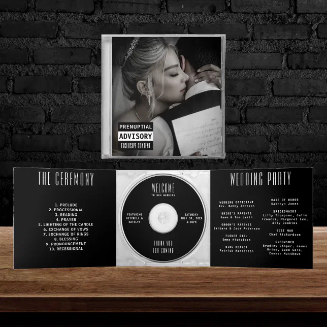 Music CD Album Cover Booklet Black Wedding Program Tri-Fold Invitation ...
