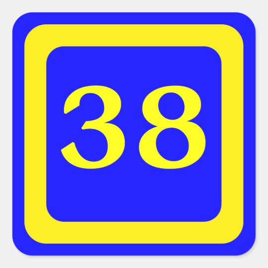 number 38, blue background, yellow frame square sticker | Zazzle.co.nz