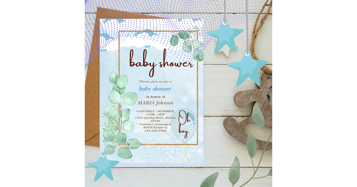 Oh Boy Blue Balloon Eucalyptus Baby Shower Invita Invitation | Zazzle.co.nz