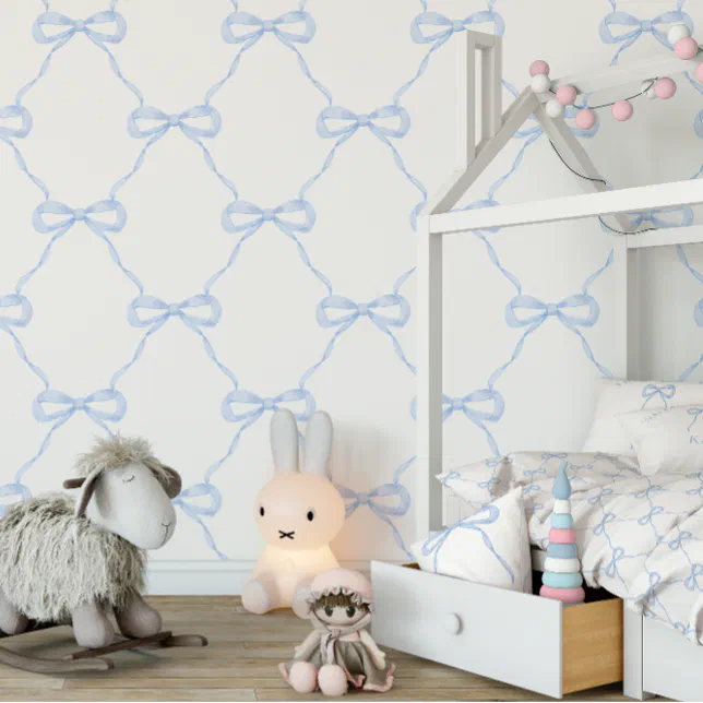 Preppy Blue Bow Grandmillennial Style Wallpaper | Zazzle.co.nz