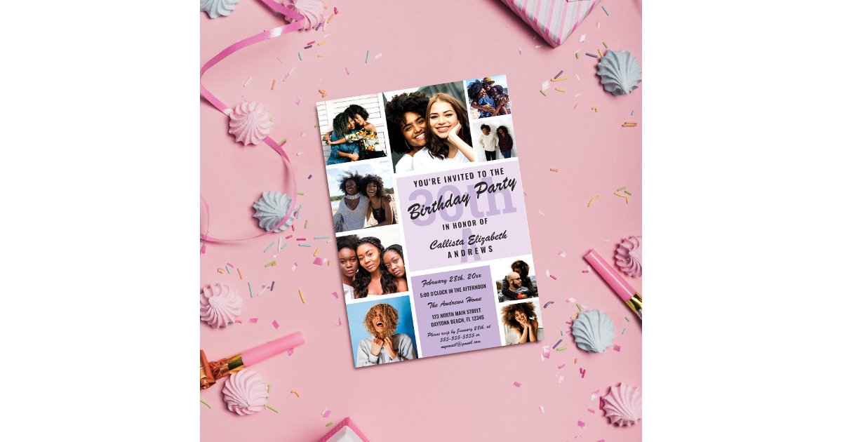 Purple Monogram Photo Collage Happy Birthday Invitation | Zazzle.co.nz