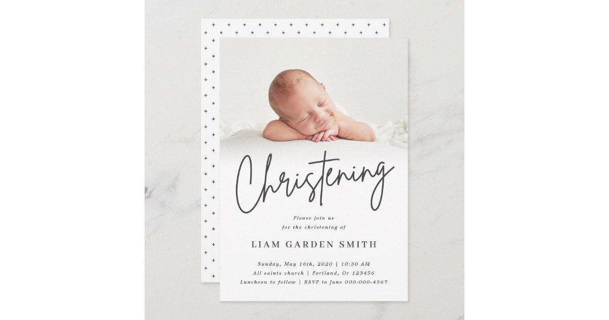 Subtle Cross Script Handwritten Christening Photo Invitation | Zazzle.co.nz