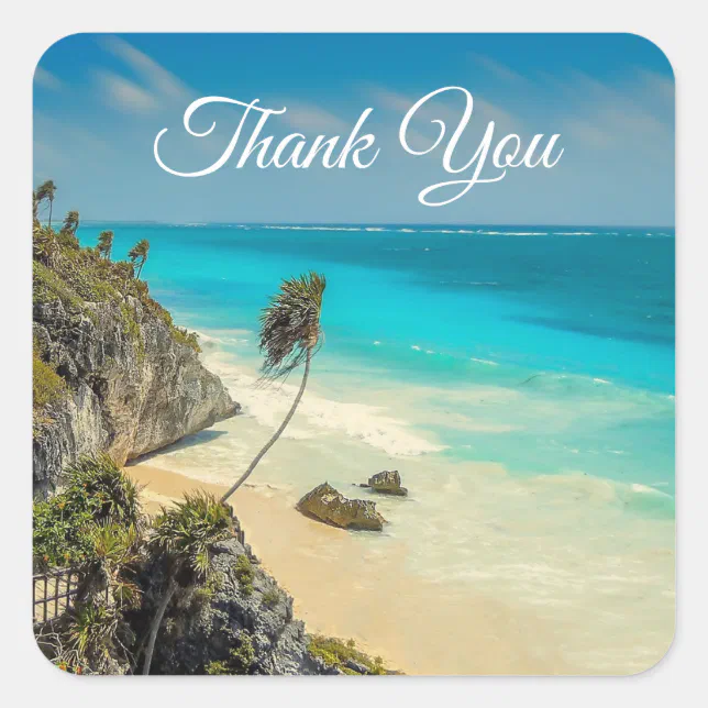 Tropical Beach Wind Swept Palm Trees Thank You Square Sticker | Zazzle ...