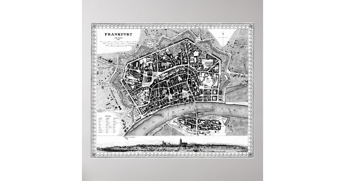 Vintage Map of Frankfurt Germany (1845) BW Poster | Zazzle.co.nz