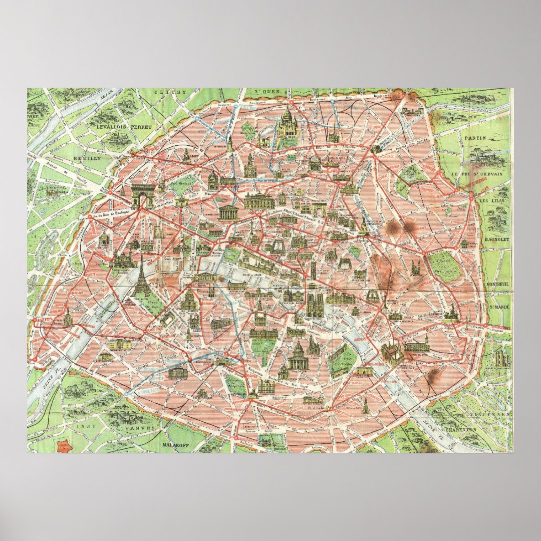 Vintage Map of Paris (1920) Poster | Zazzle.co.nz