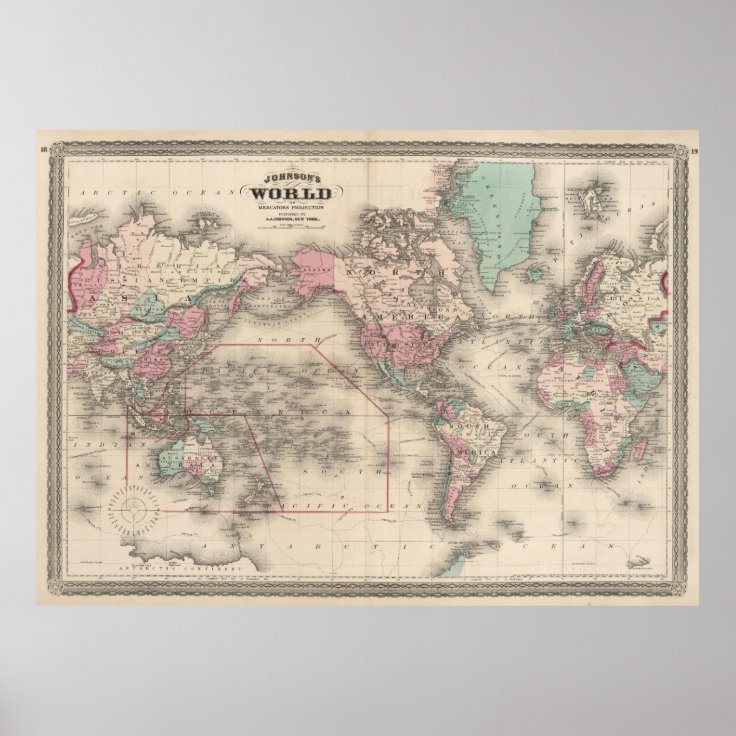 Vintage Map of The World (1870) Poster | Zazzle.co.nz
