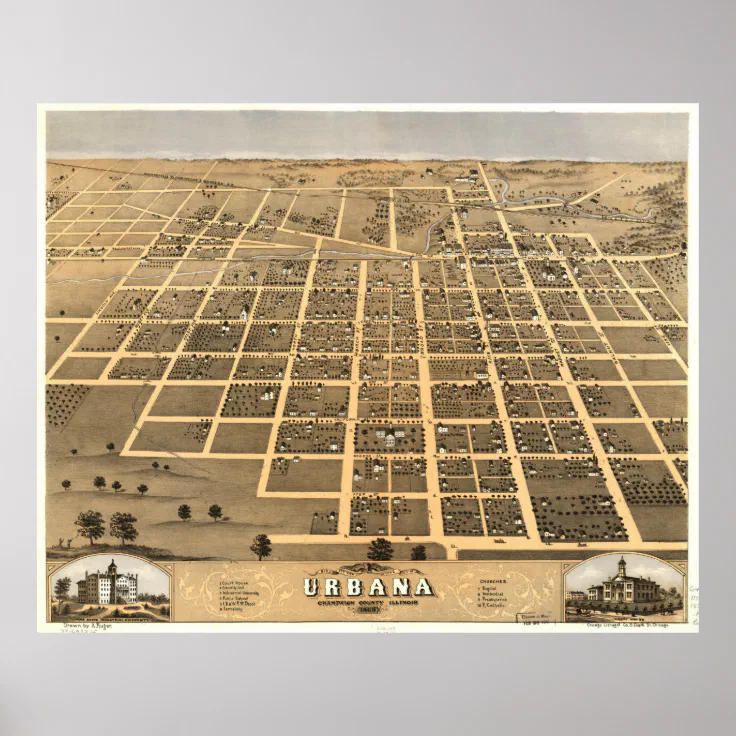 Vintage Pictorial Map of Urbana Illinois (1869) Poster | Zazzle.co.nz