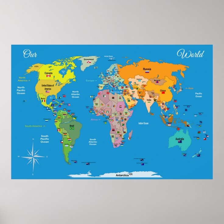 World Map with Flags Poster | Zazzle.co.nz